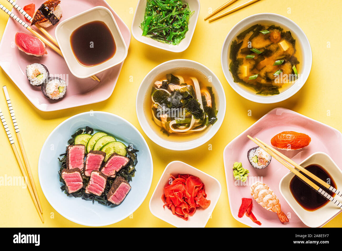 Table with traditional japanese food, top view Stock Photo - Alamy