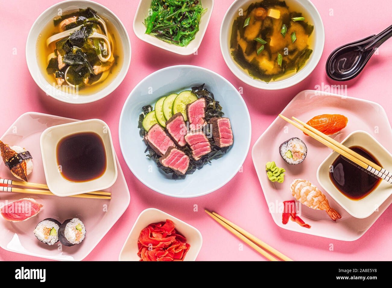 Table with traditional japanese food, top view Stock Photo - Alamy