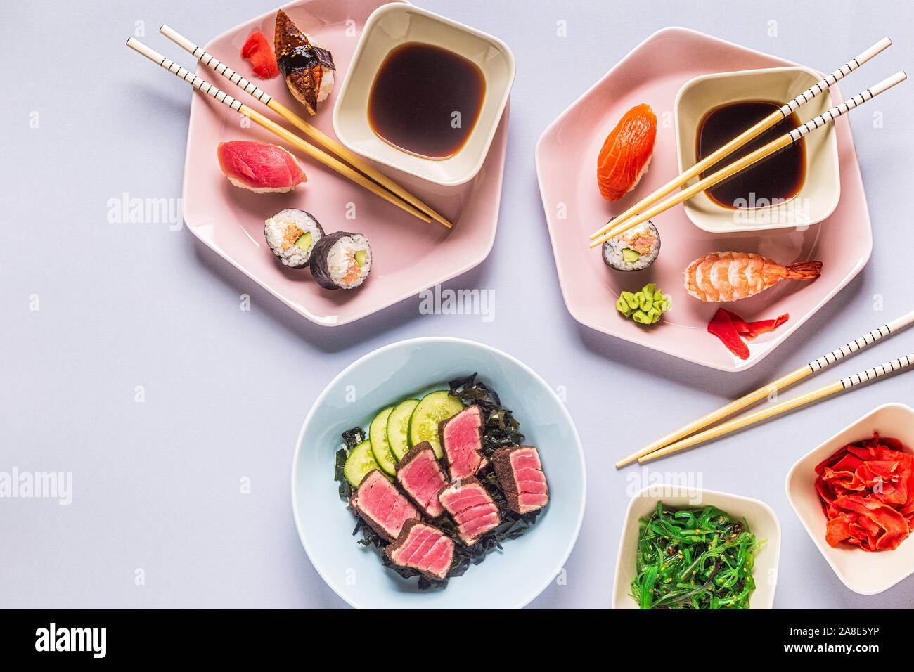 Table with traditional japanese food, top view Stock Photo - Alamy