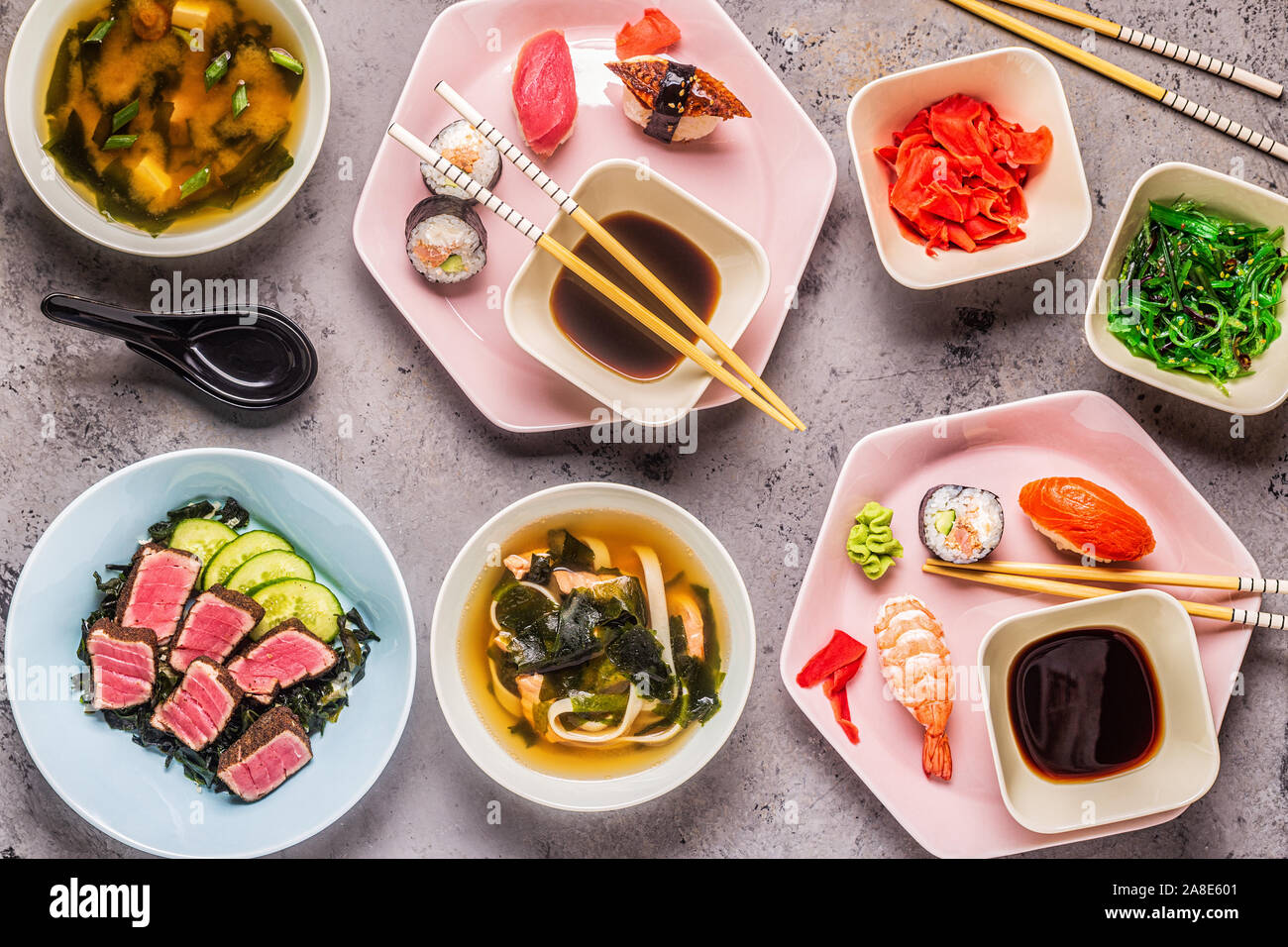 Table with traditional japanese food, top view Stock Photo - Alamy