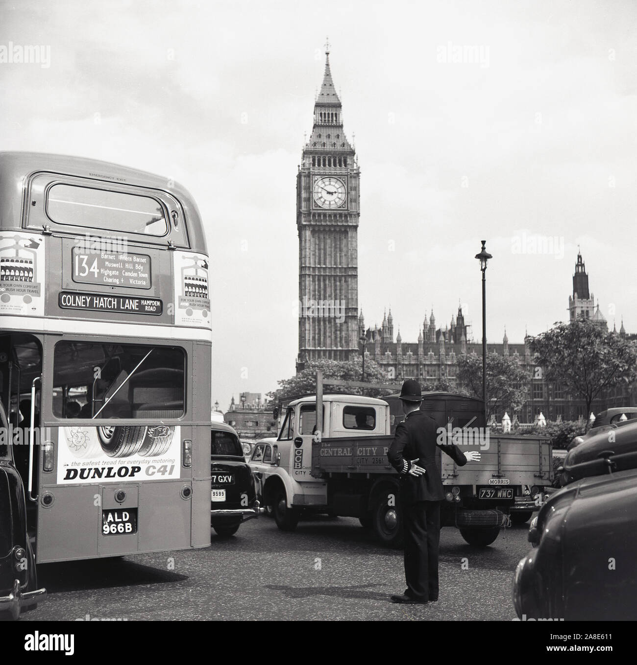 1960s, historical, British policeman directing traffic at Parliament ...