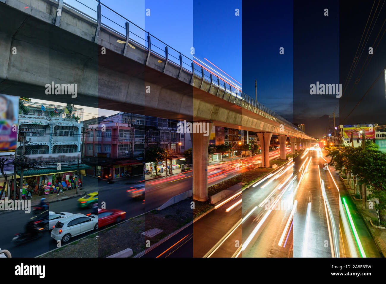 Different shade color of car traffic with sky train traffic of Bangkok ...