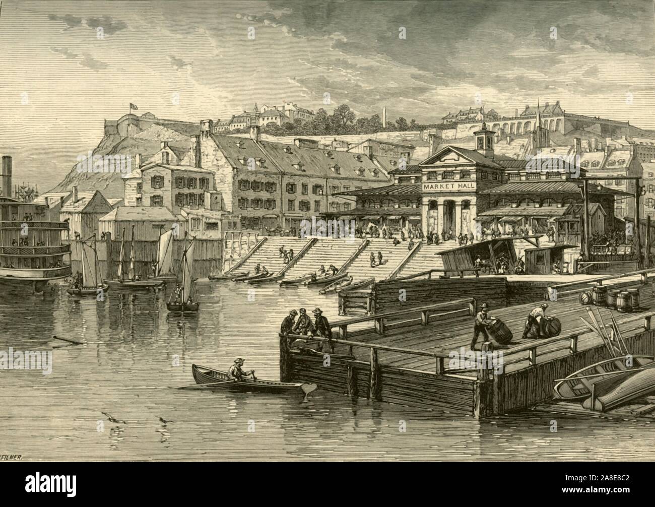 'Market-Hall and Boat-Landing, Quebec', 1874. Waterfront on the Saint ...