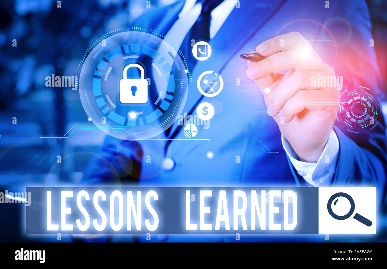 Conceptual hand writing showing Lessons Learned. Concept meaning the knowledge or understanding ...