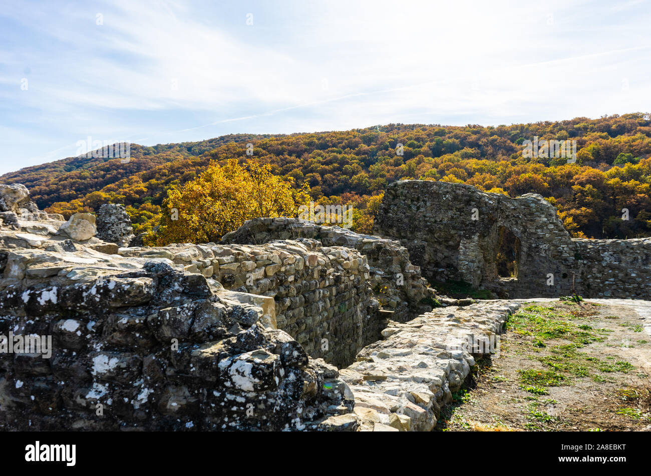 Autumnal Ujarma castle ruins hidden in Caucasian mountain on the way ...