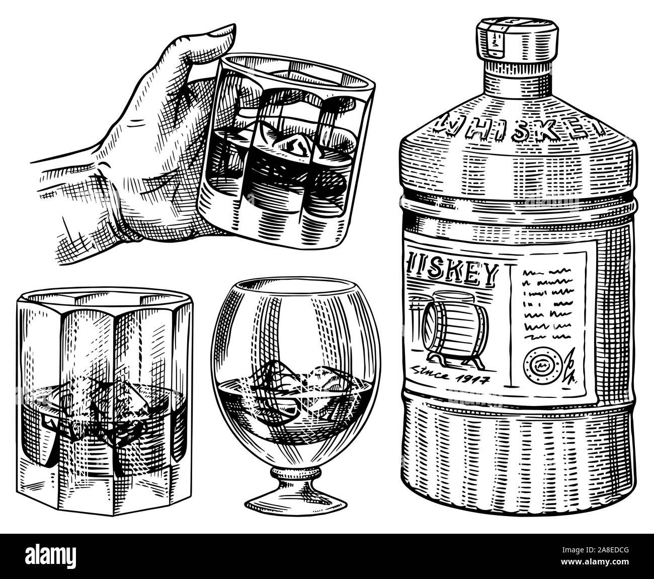 Vintage whiskey in hand. Scotch and bourbon, Glass bottle, cheers toast ...