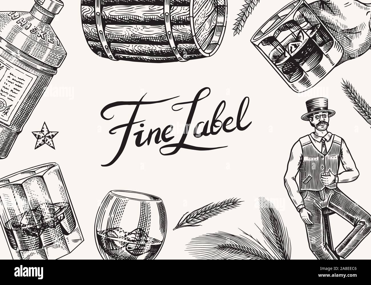 Vintage Whiskey banner. Strong Alcohol drink background. Glass bottle ...