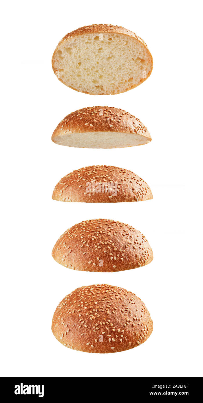 Burger bread tops levitating in different angles on white background ...