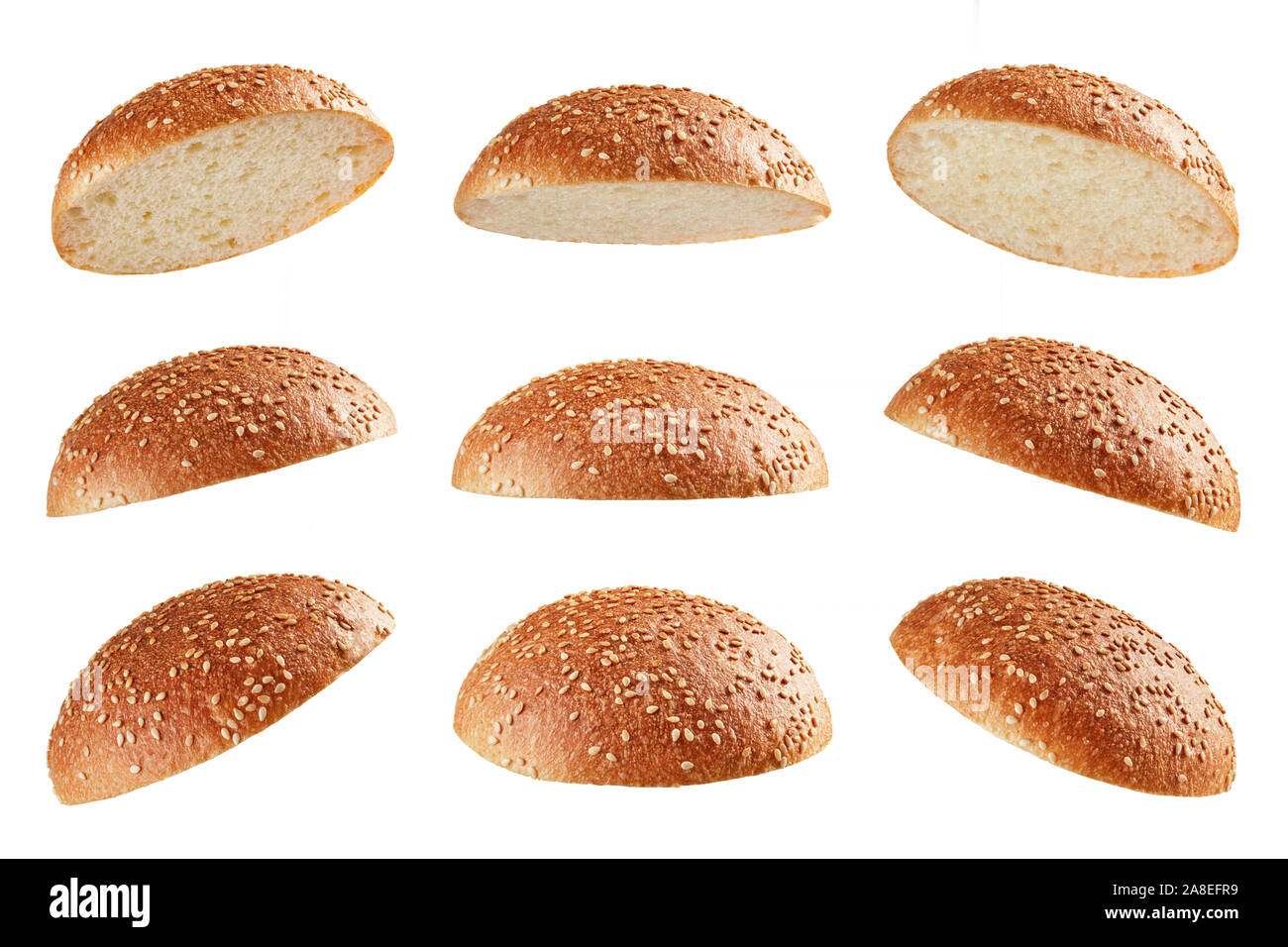 Burger bread tops levitating in different angles on white background ...