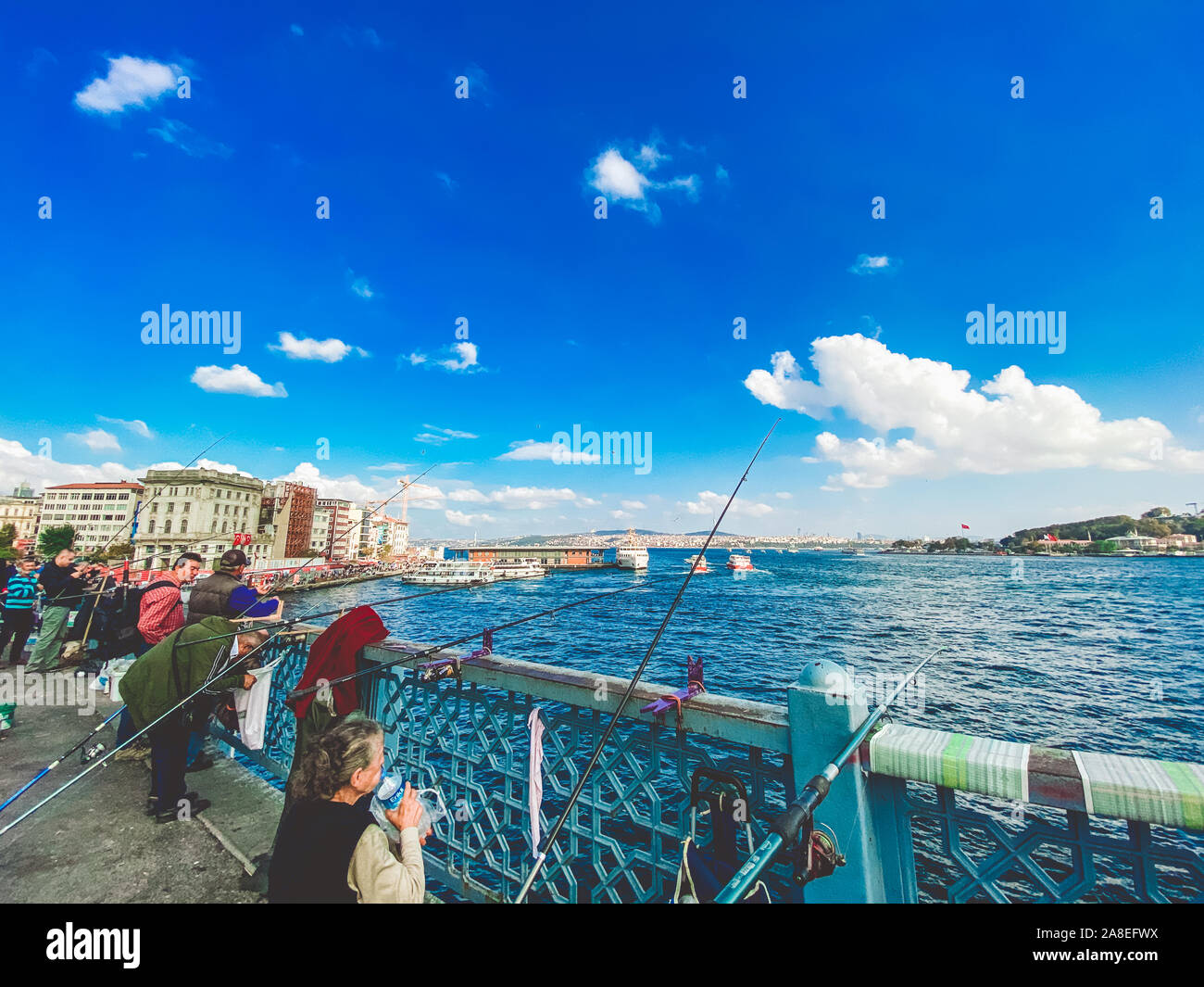 October 27, 2019 Istanbul. Turkey. Fisherman fishing on the Galata ...