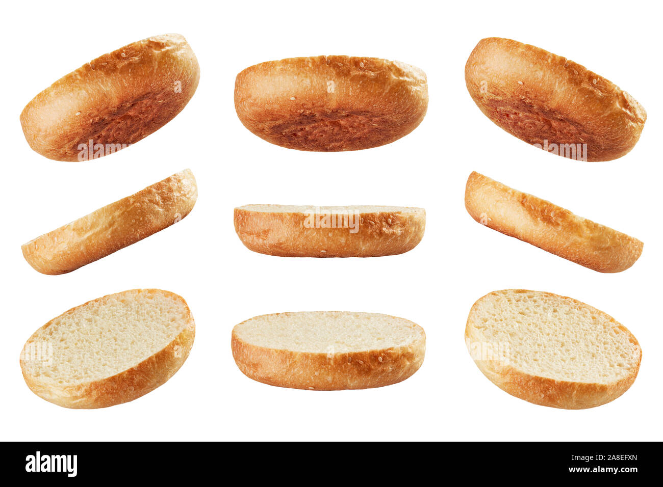 Burger bread bottoms levitating in different angles on white background ...