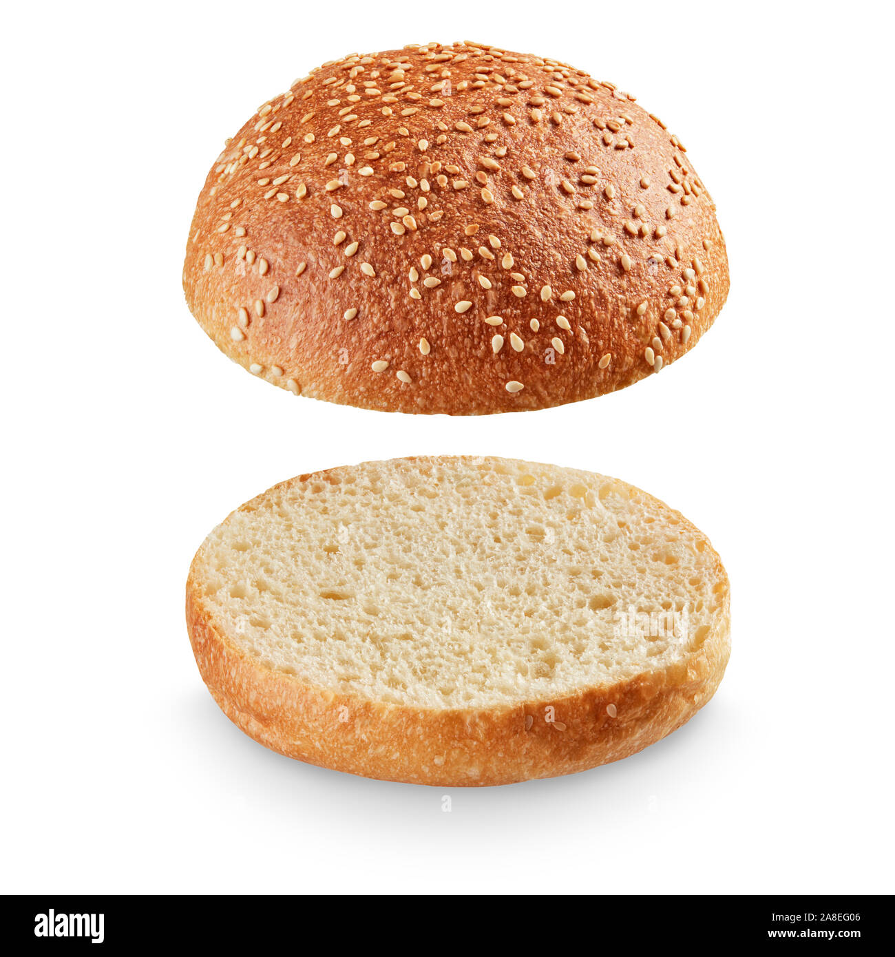 Open and empty burger bread isolated on white background; full depth of ...