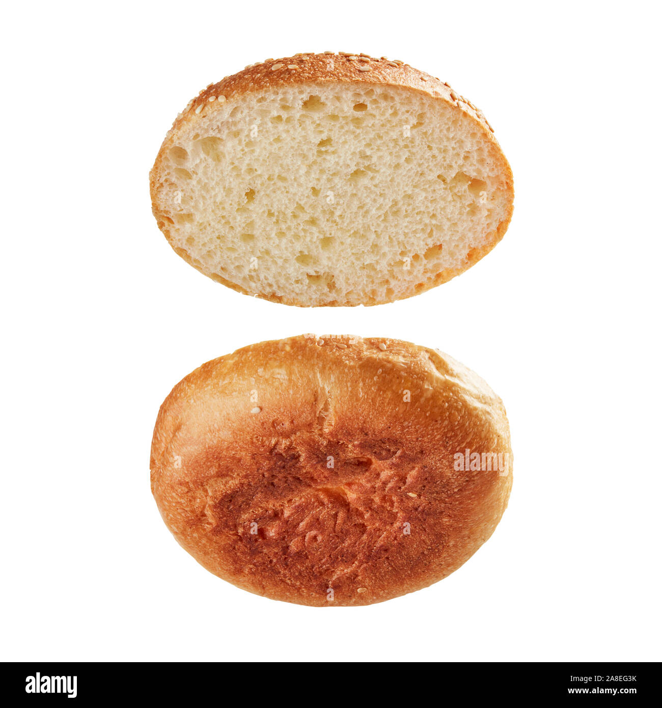 Open and empty burger bread isolated on white background; full depth of ...