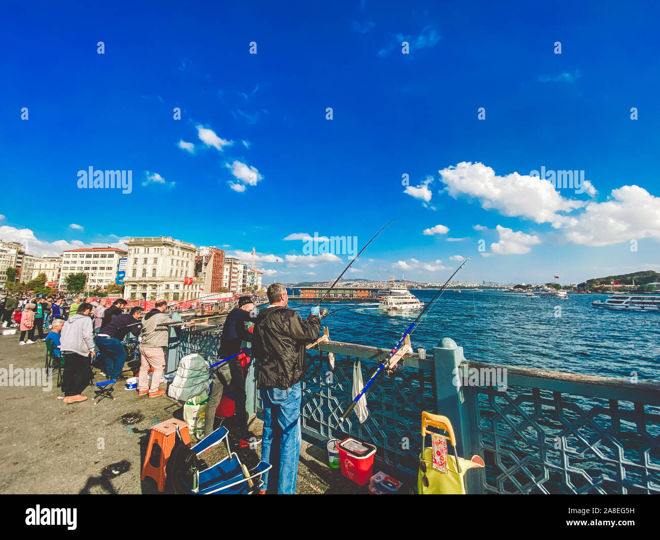 October 27, 2019 Istanbul. Turkey. Fisherman fishing on the Galata ...