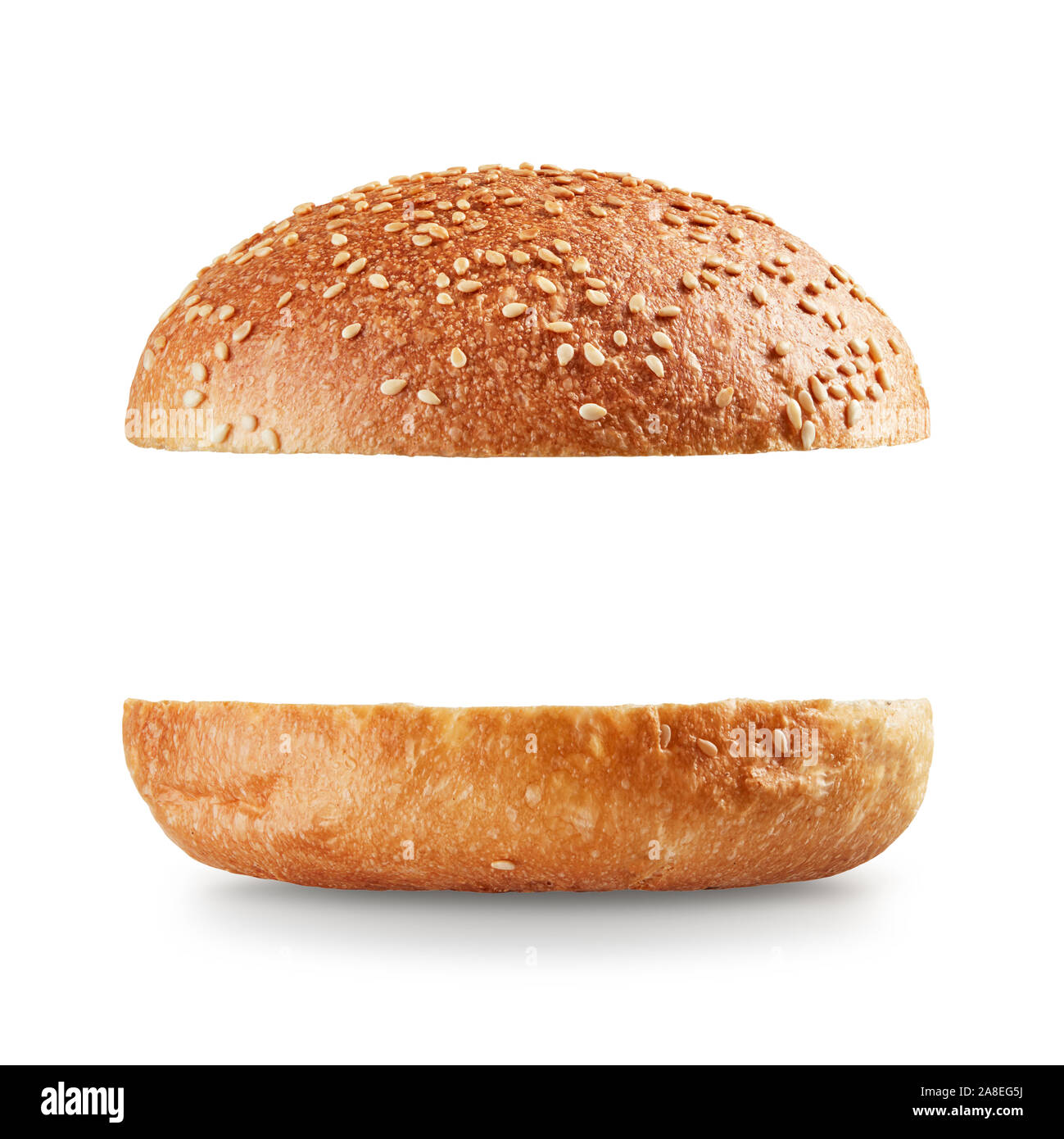 Open and empty burger bread isolated on white background; full depth of ...