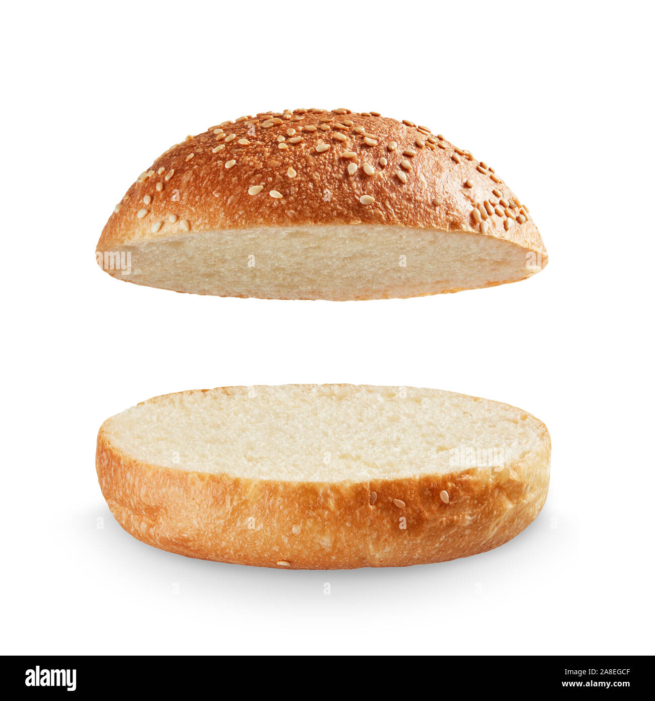 Open and empty burger bread isolated on white background; full depth of ...