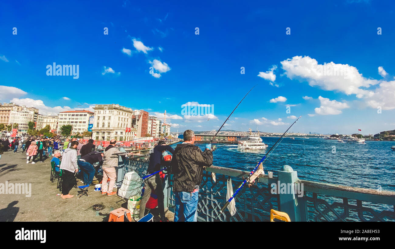 October 27, 2019 Istanbul. Turkey. Fisherman fishing on the Galata ...