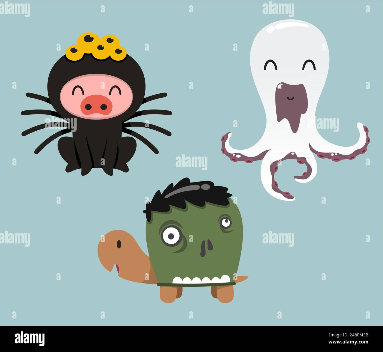 Halloween animals in cartoon costumes of pig, turtle and octopus Stock ...