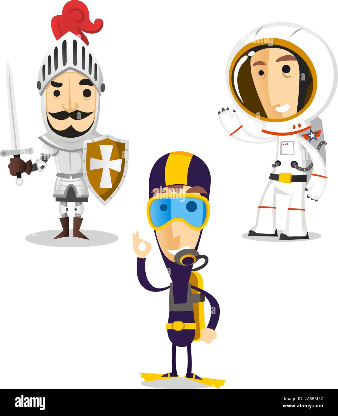 Halloween night cartoon costumes of knight, diver and astronaut Stock ...