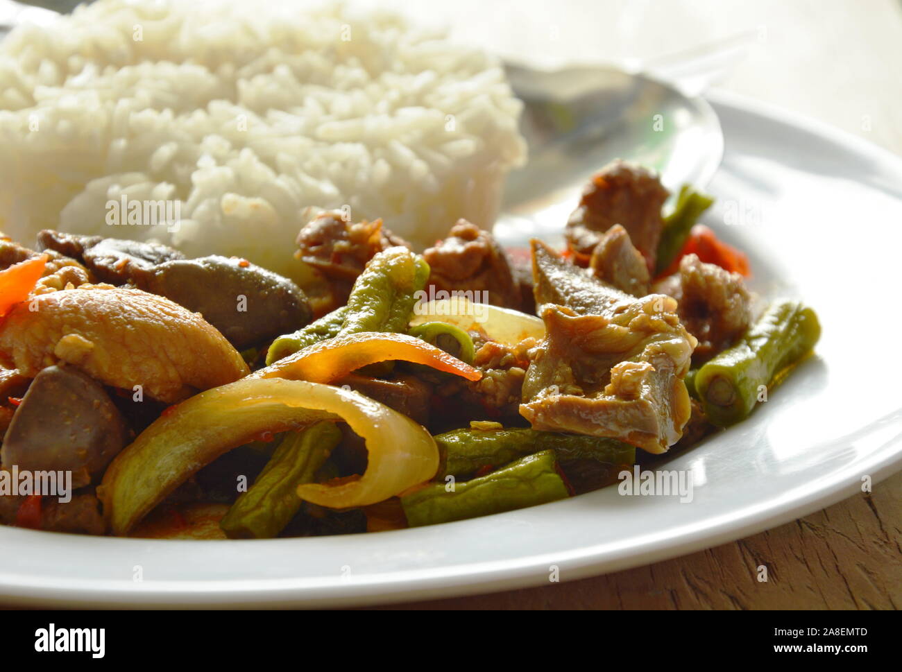 stir fried chicken and mixed entrails with sweet chili eat couple with ...