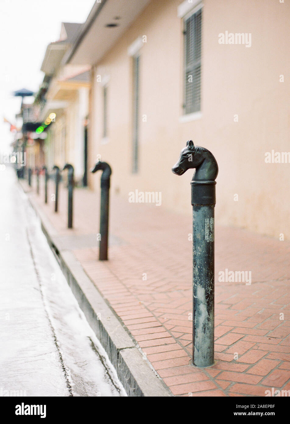 Horse head ballard posts line the sidewalk in the old French Quarter ...