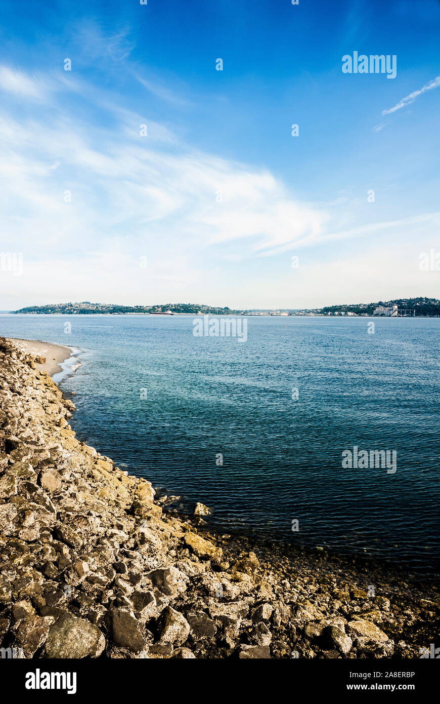 View of Seattle skyline from Alki Beach in West Seattle, Washington ...
