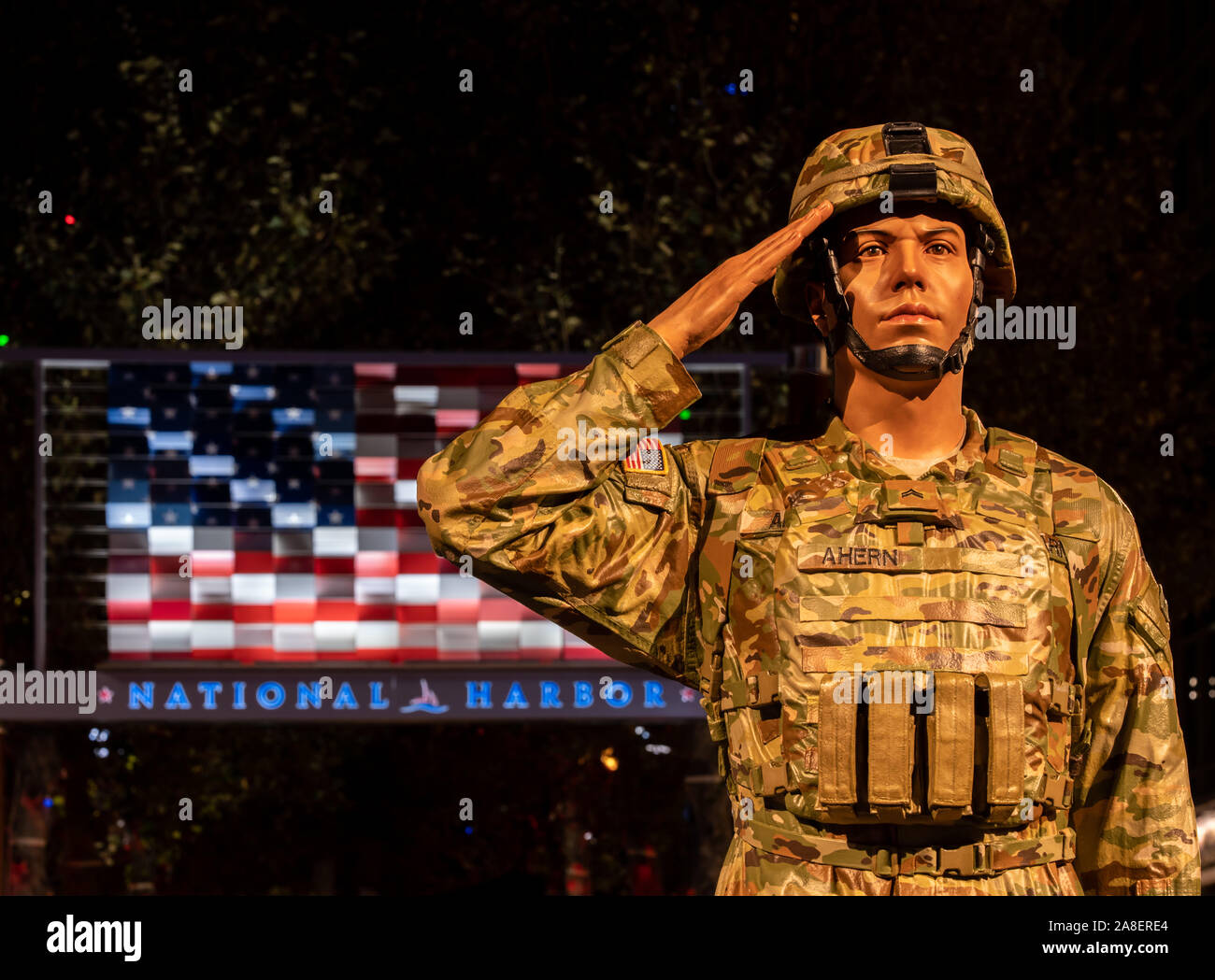 National Harbor, MD - 6 November 2019: Statue of military infantryman ...