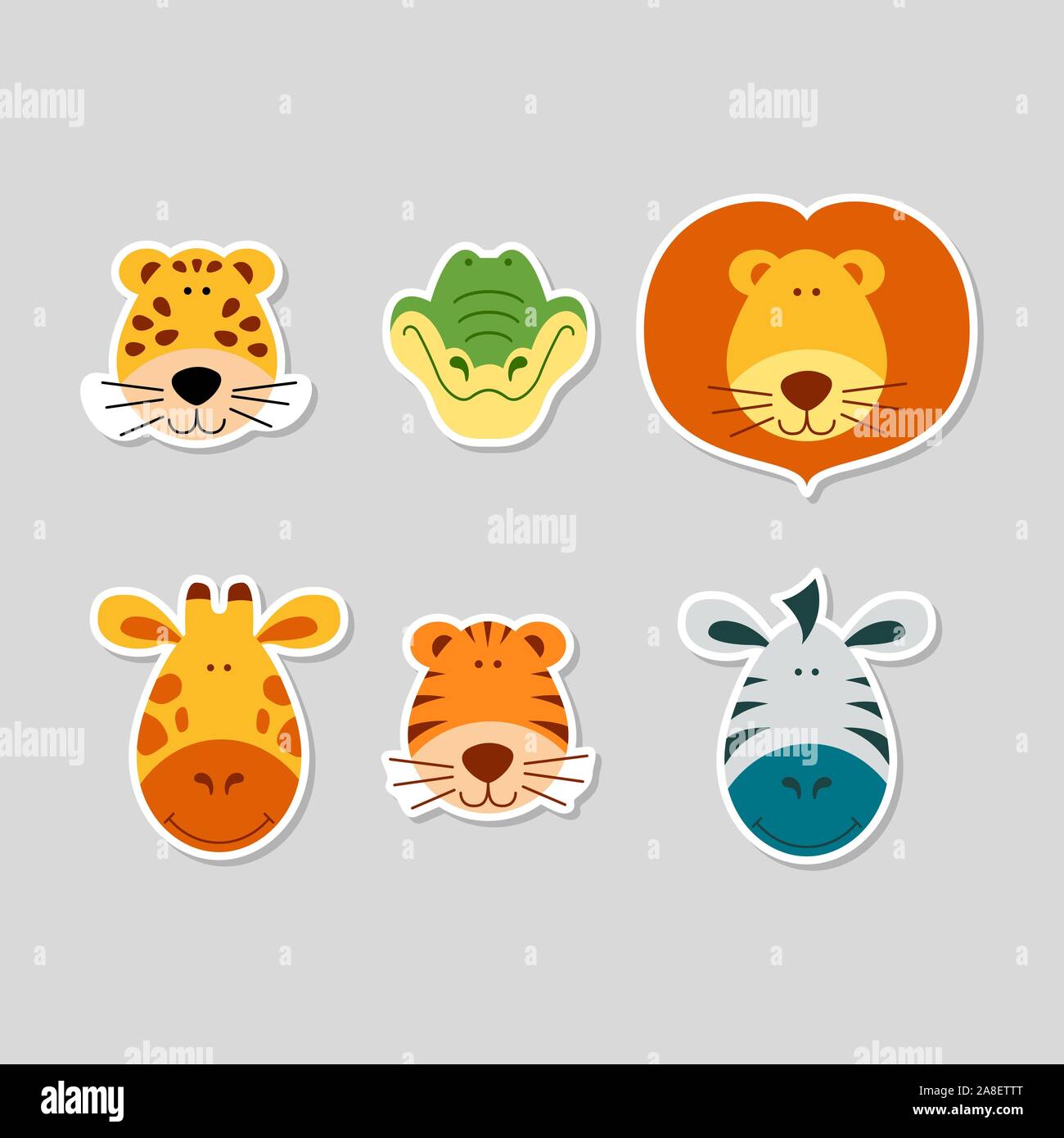 Cute cartoon animal faces set. Stickers with funny characters. Leopard ...