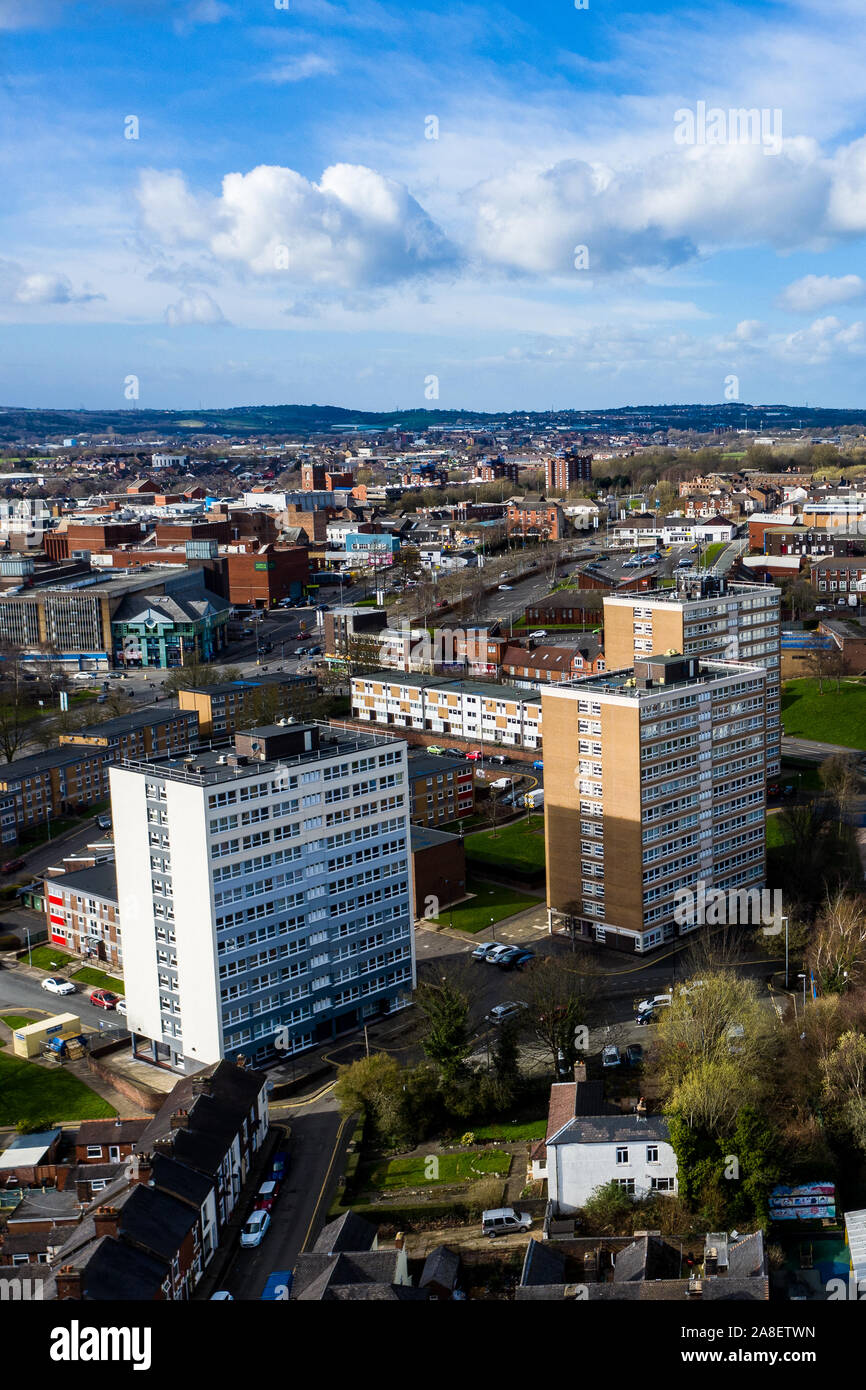 Aerial view high rise tower blocks, flats in the city of Stoke to ...