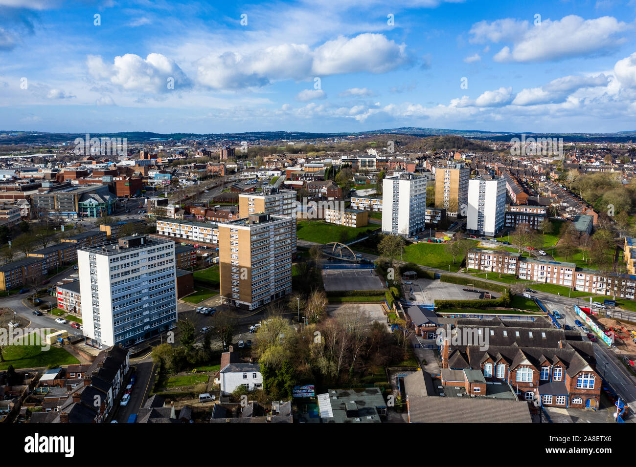 Aerial view high rise tower blocks, flats in the city of Stoke to ...