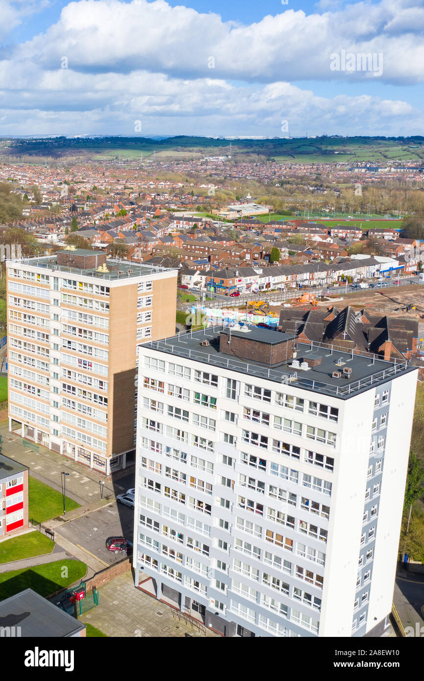 Aerial view high rise tower blocks, flats in the city of Stoke to ...