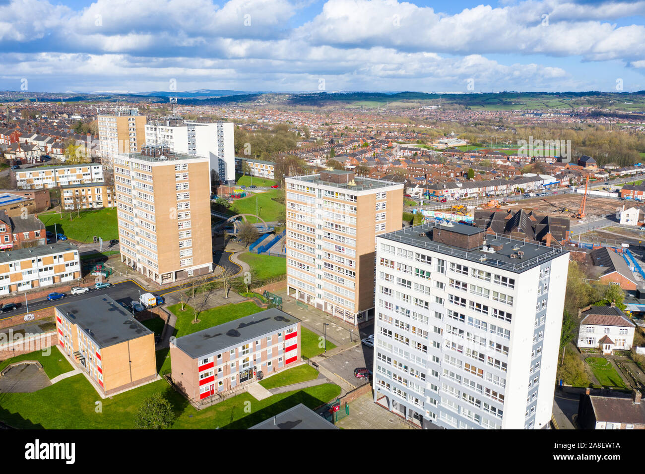 Aerial view high rise tower blocks, flats in the city of Stoke to ...
