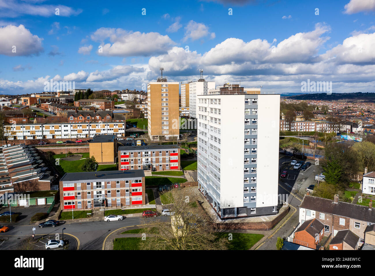 Aerial view high rise tower blocks, flats in the city of Stoke to ...