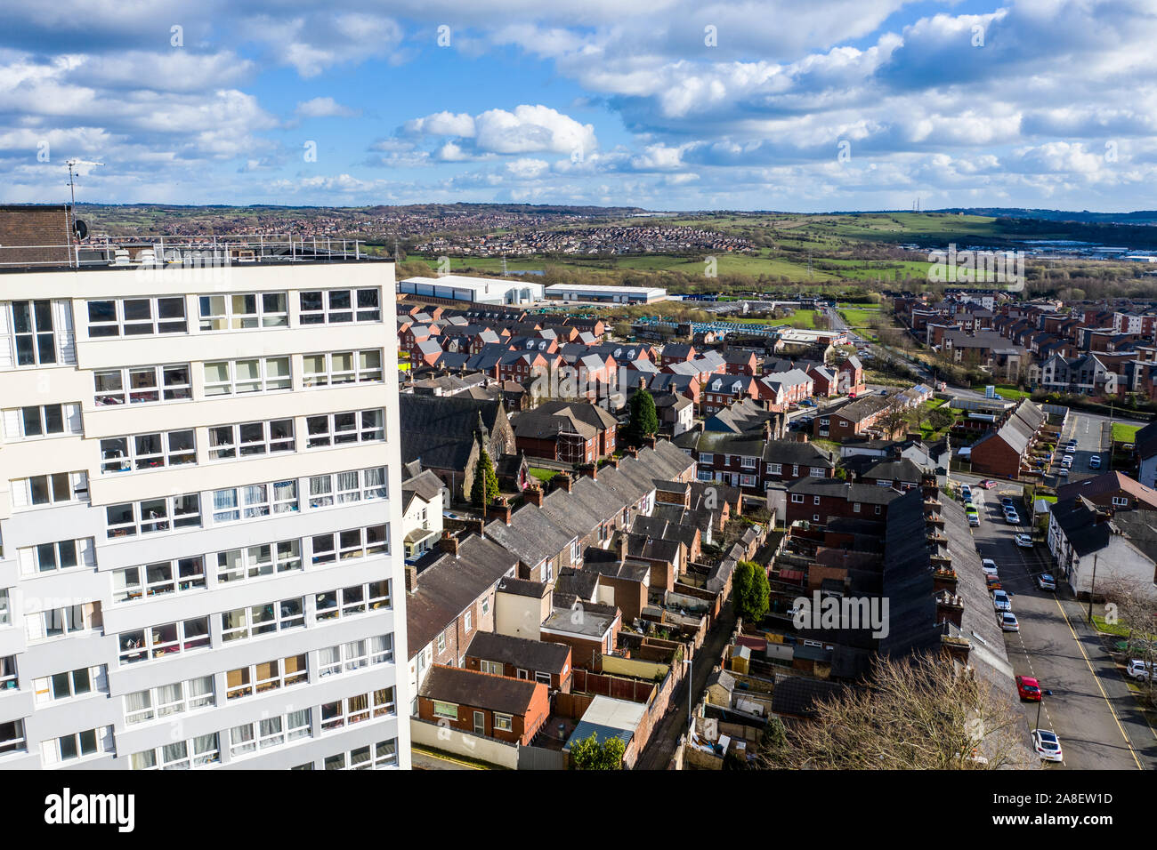 Aerial view high rise tower blocks, flats in the city of Stoke to ...