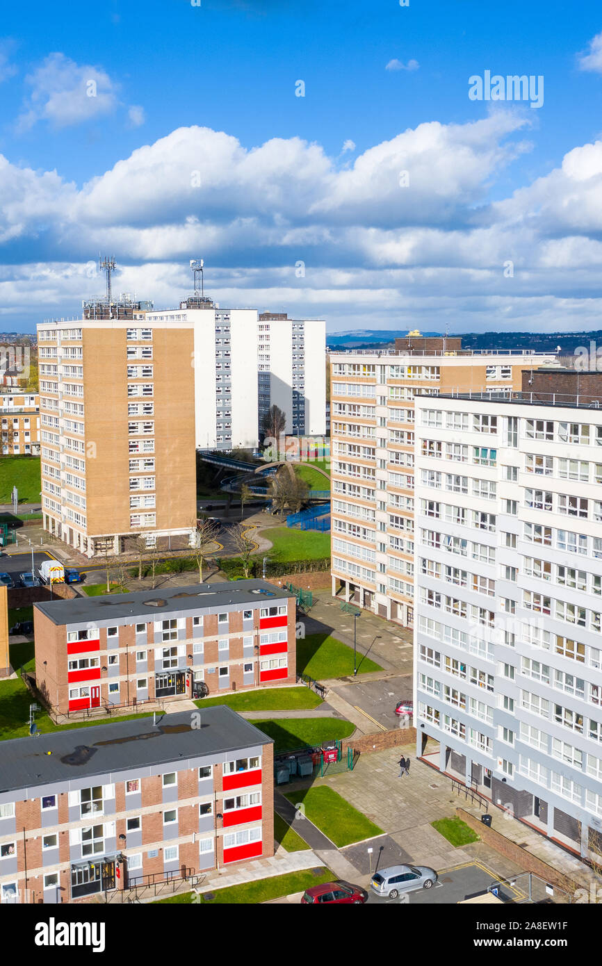 Aerial view high rise tower blocks, flats in the city of Stoke to ...