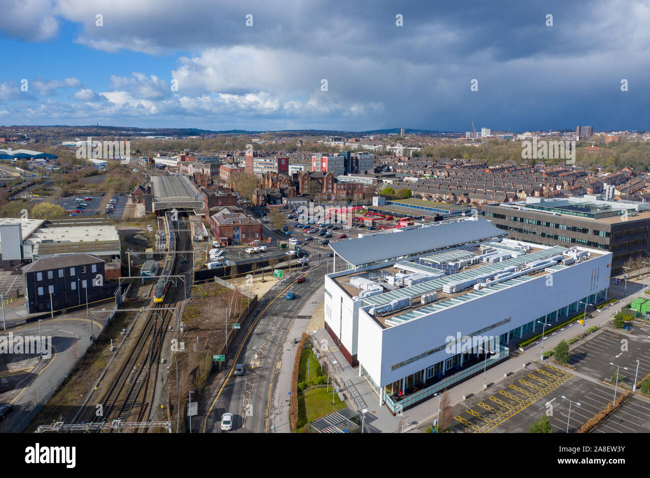 Aerial view high rise tower blocks, flats in the city of Stoke to ...