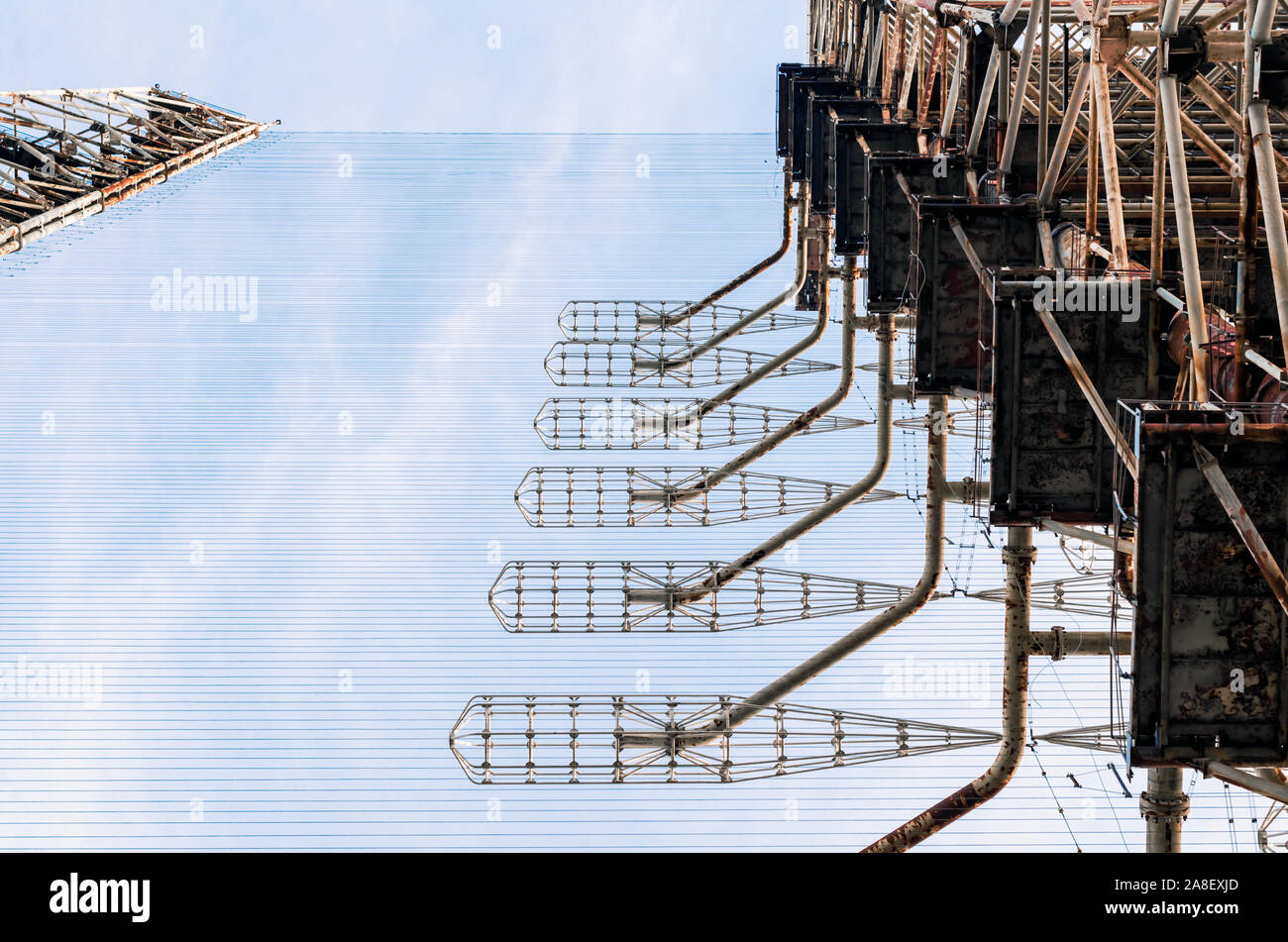 old secret army soviet radar on a background of blue sky and clouds in ...
