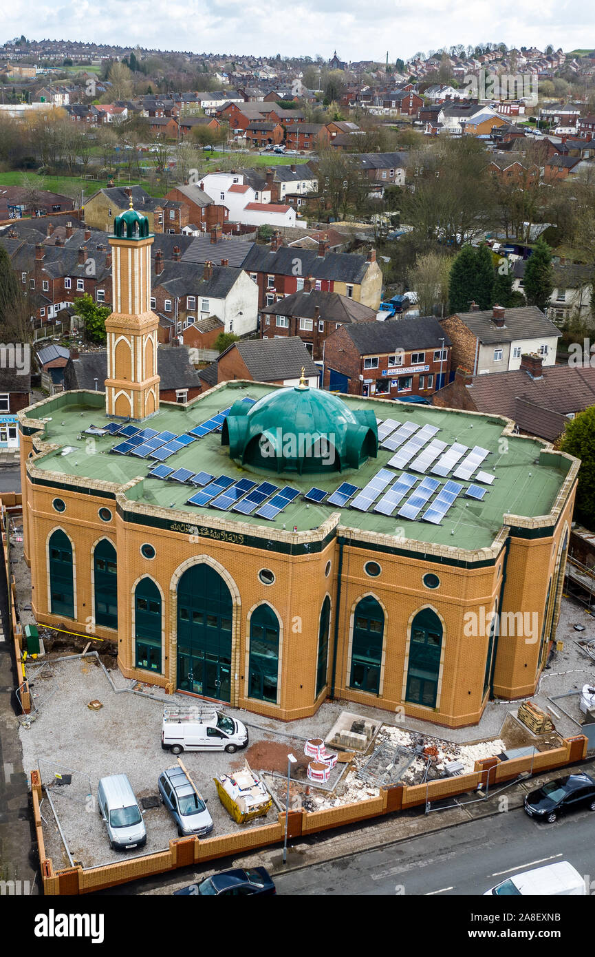 Aerial view, landscape of Gilani Noor Mosque in Longton, Stoke on Trent ...