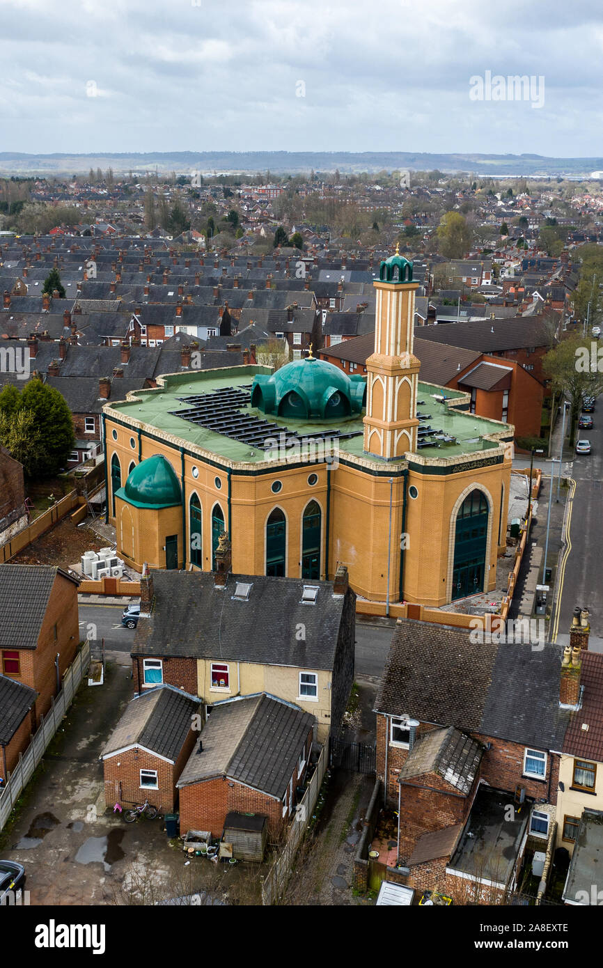 Aerial view, landscape of Gilani Noor Mosque in Longton, Stoke on Trent ...