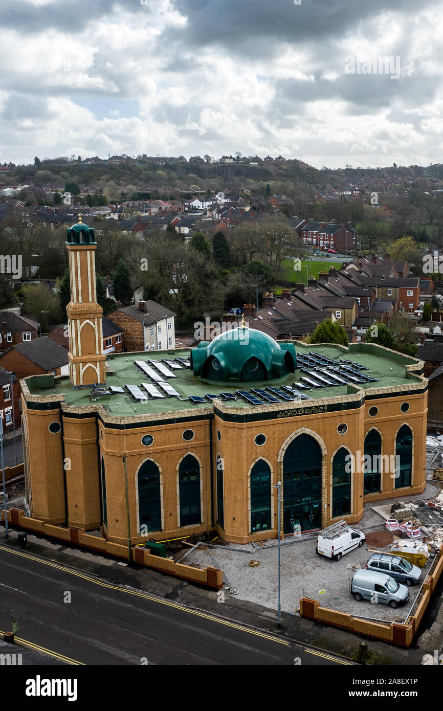 Aerial view, landscape of Gilani Noor Mosque in Longton, Stoke on Trent ...