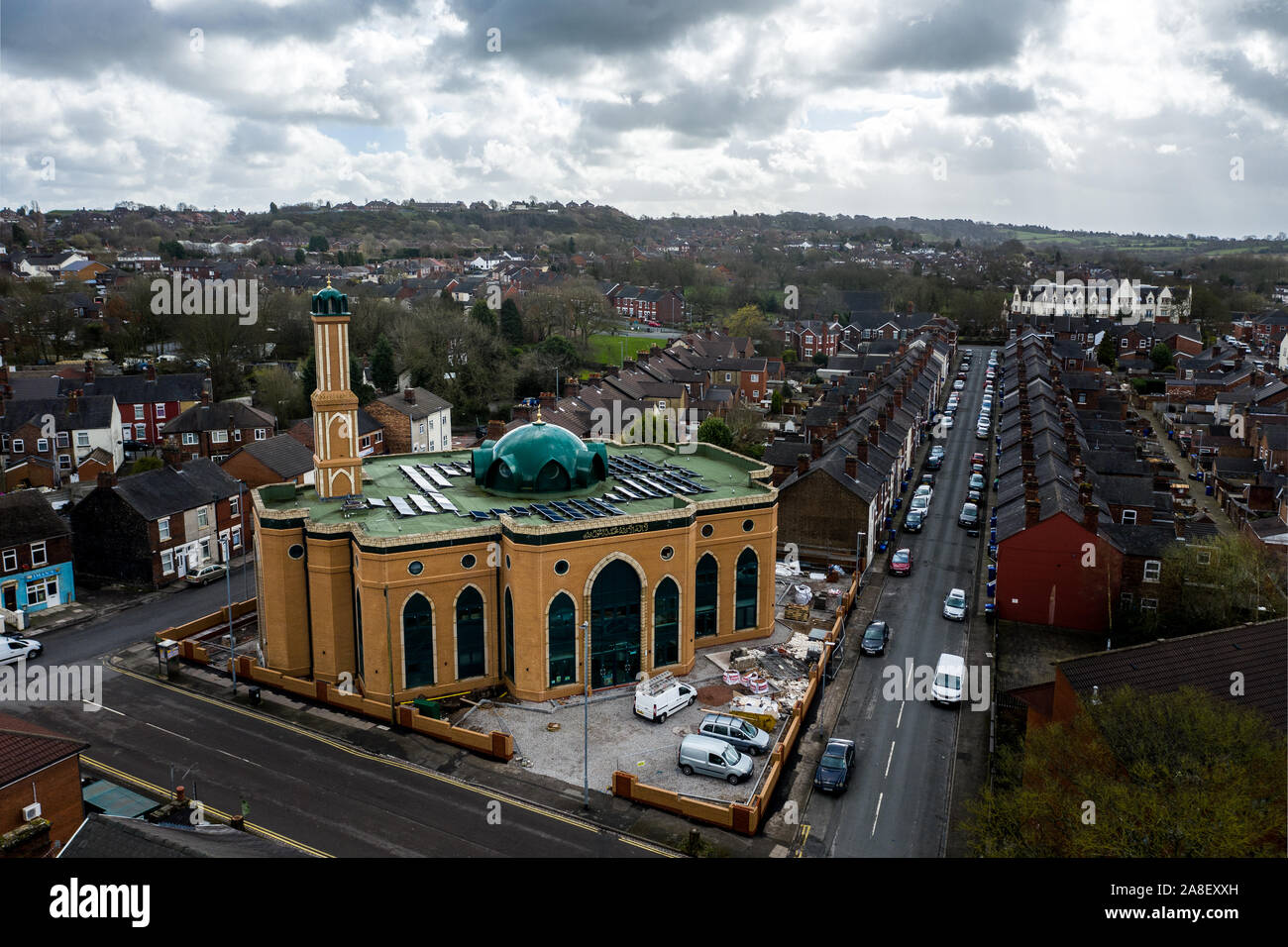 Aerial view, landscape of Gilani Noor Mosque in Longton, Stoke on Trent ...