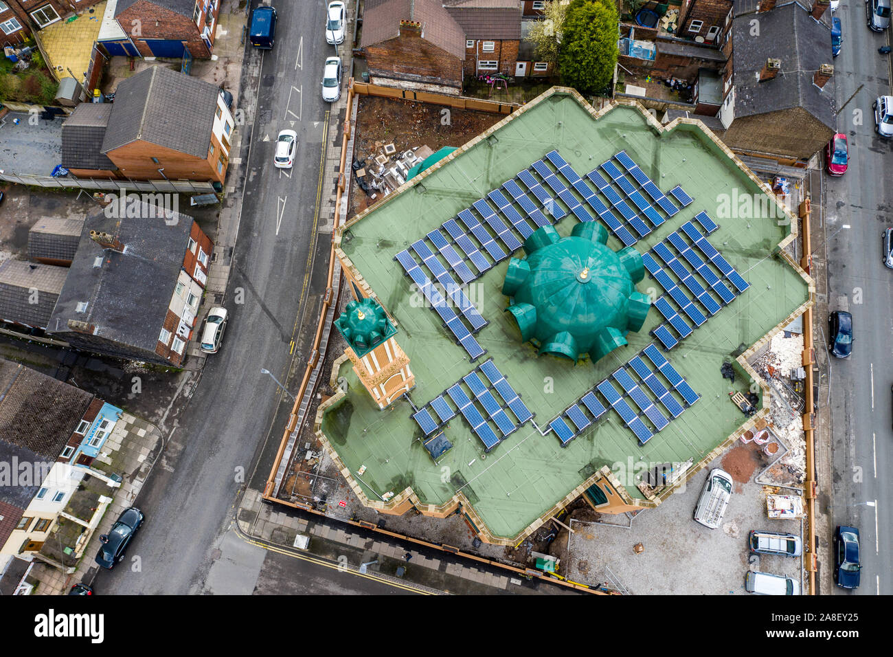 Aerial view, landscape of Gilani Noor Mosque in Longton, Stoke on Trent ...