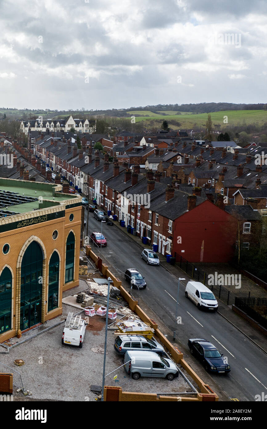 Aerial view, landscape of Gilani Noor Mosque in Longton, Stoke on Trent ...