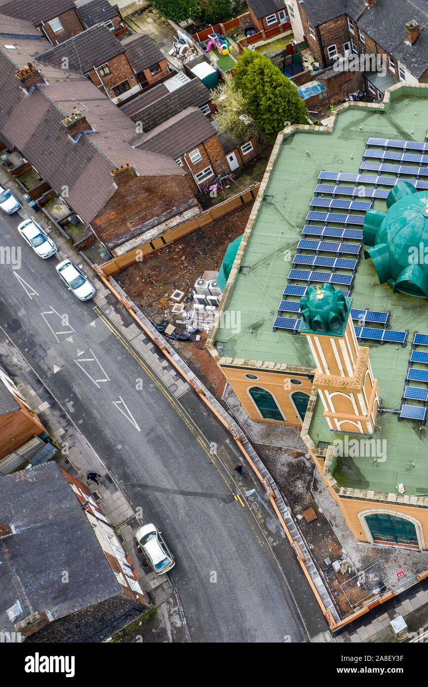 Aerial view, landscape of Gilani Noor Mosque in Longton, Stoke on Trent ...