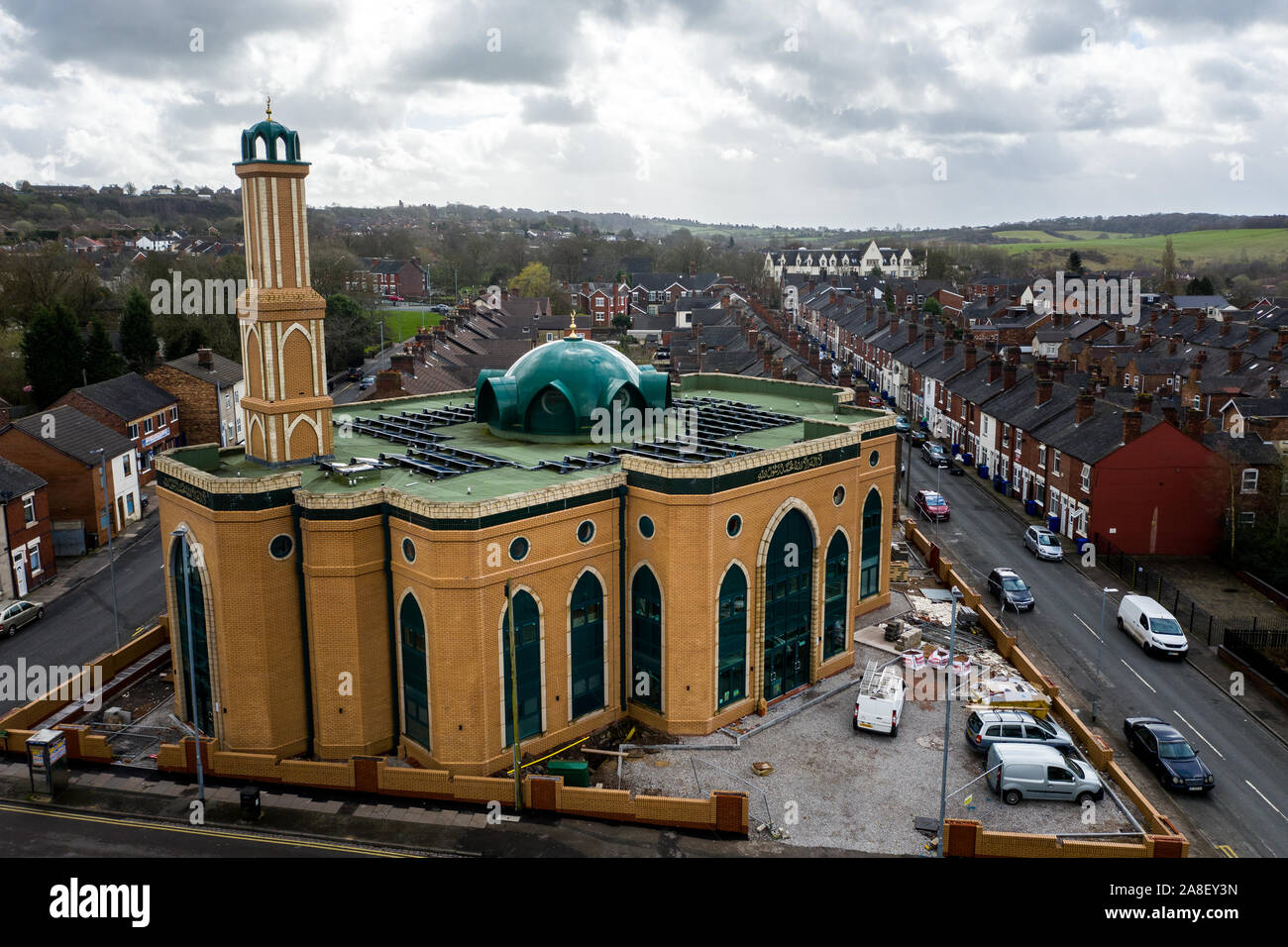 Aerial view, landscape of Gilani Noor Mosque in Longton, Stoke on Trent ...