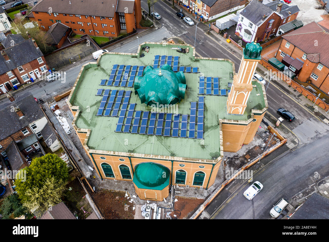 Aerial view, landscape of Gilani Noor Mosque in Longton, Stoke on Trent ...