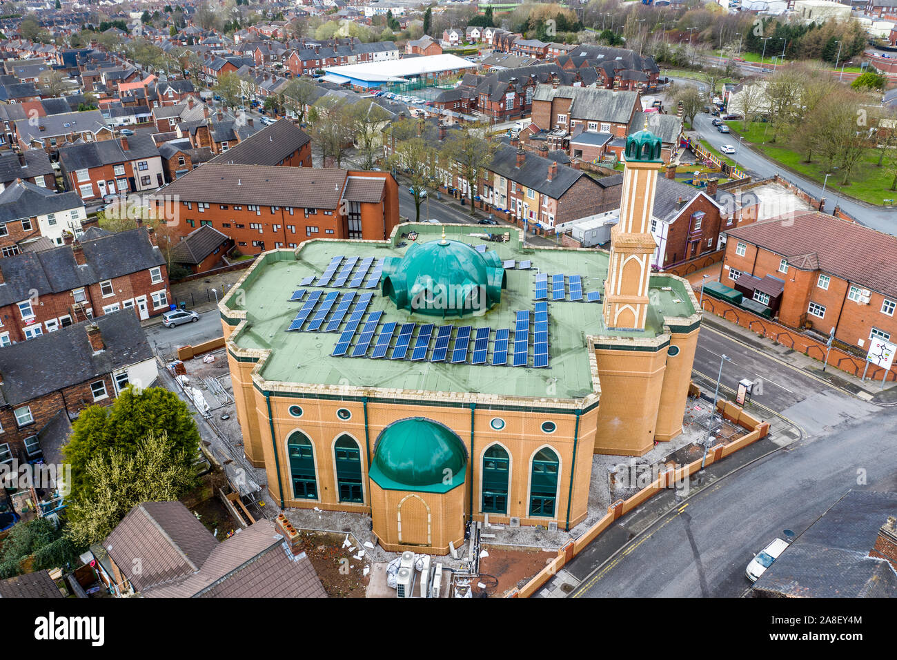 Aerial view, landscape of Gilani Noor Mosque in Longton, Stoke on Trent ...