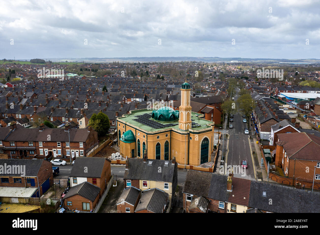 Aerial view, landscape of Gilani Noor Mosque in Longton, Stoke on Trent ...