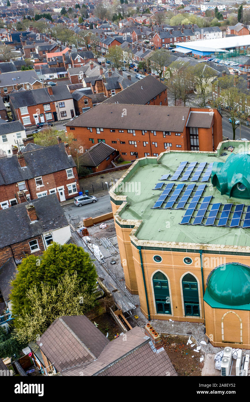 Aerial view, landscape of Gilani Noor Mosque in Longton, Stoke on Trent ...