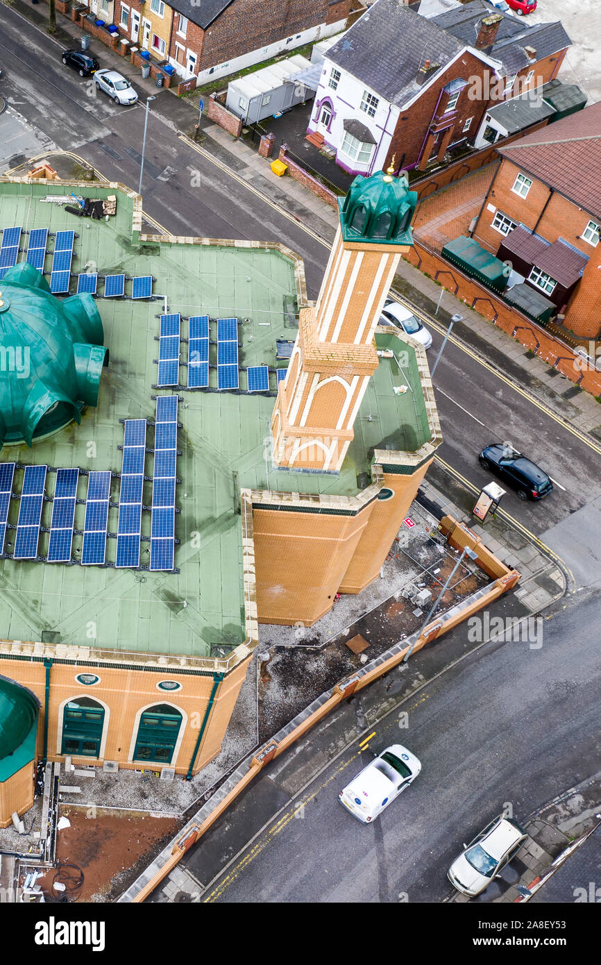 Aerial view, landscape of Gilani Noor Mosque in Longton, Stoke on Trent ...
